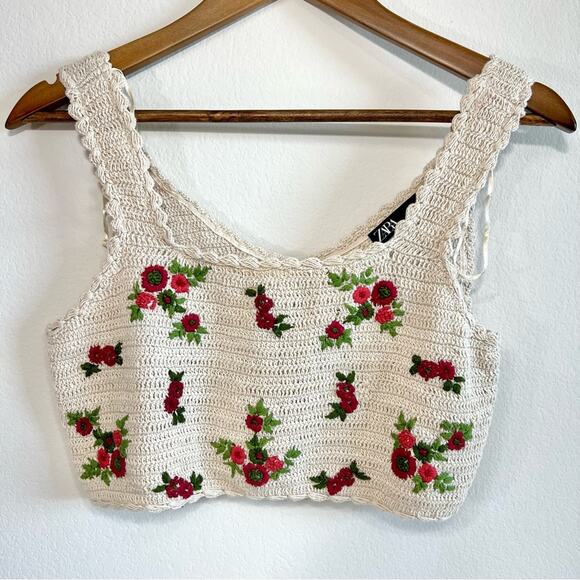 Zara | Tops | Zara Cream Crochet Knit Bra Top With Red Florals | Poshmark